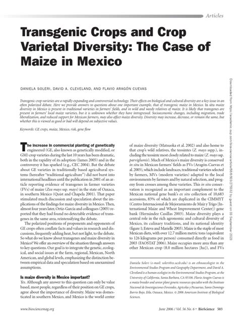 Transgenic Crops And Crop Varietal Diverity The Case Of Maize In Mexico Pdf Maize