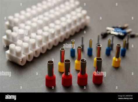 Close Up Several Wire Ferrule And Terminal Block W Wire On Top Of A