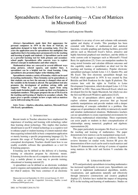 Pdf Spreadsheets A Tool For E Learning — A Case Of Matrices In