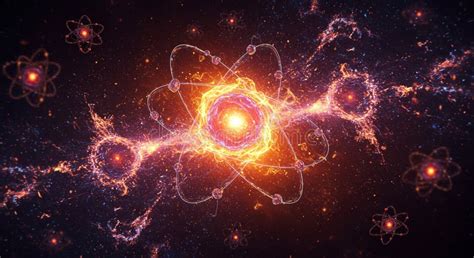 A Vibrant Digital Illustration Featuring An Atomic Model With A Bright
