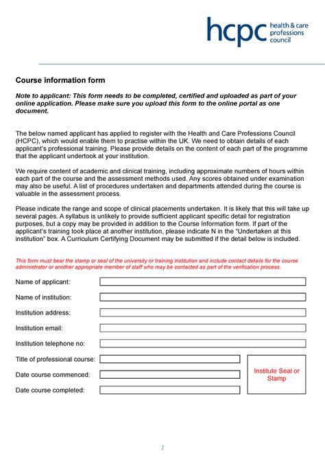 Hcpc Course Information Form Course Information Form Note To