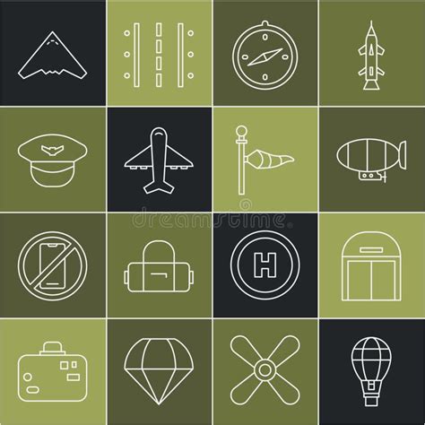 Set Line Hot Air Balloon Aircraft Hangar Airship Compass Plane Pilot Hat Jet Fighter And