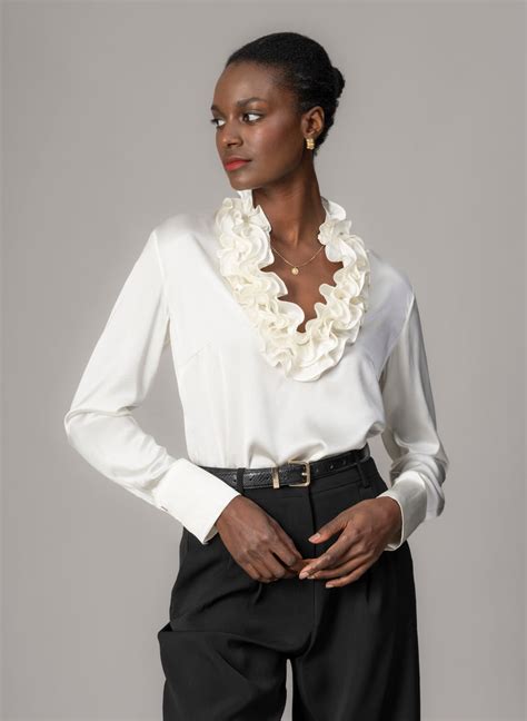 Constance Regular Fit Ruffle Collar Blouse In Ivory Silk Satin The