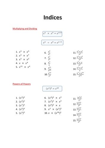 Indices All Types Of Questions Teaching Resources