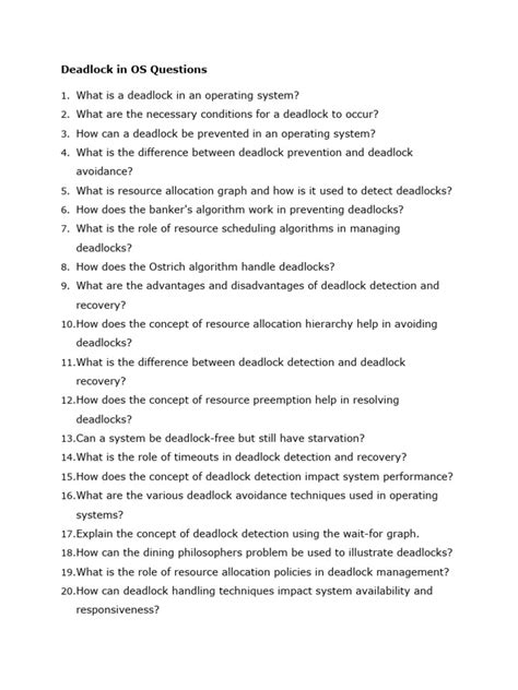 Deadlock In Os Questions Pdf