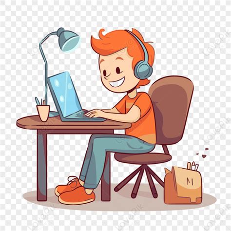 온라인 클립 아트 소년은 만화 작업을 하는 동안 헤드폰을 끼고 책상에 앉아 있다 벡터가구테이블 Png 일러스트 무료 다운로드 Lovepik