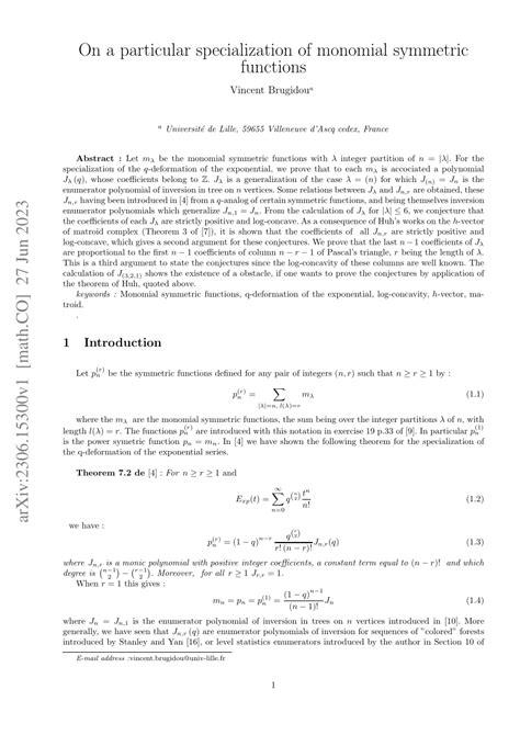 Pdf On A Particular Specialization Of Monomial Symmetric Functions
