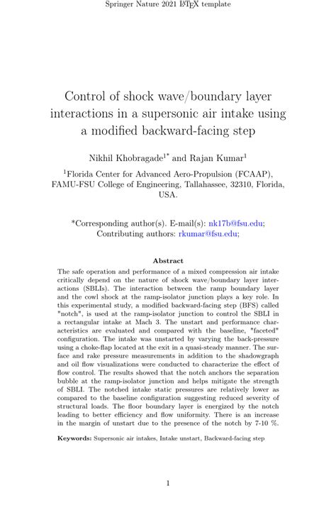 Pdf Control Of Shock Wave Boundary Layer Interactions In A Supersonic Air Intake Using A