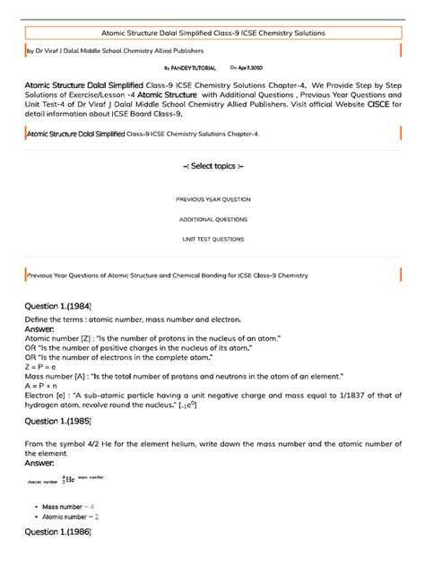 Atomic Structure Dalal Simplified Class 9 Icse Chemistry Solutions