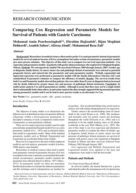 Pdf Comparing Cox Regression And Parametric Models For Survival Of Patients With Gastric Carcinoma