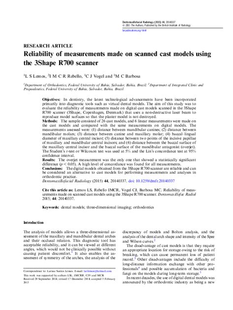 Pdf Reliability Of Measurements Made On Scanned Cast Models Using The 3shape R700 Scanner