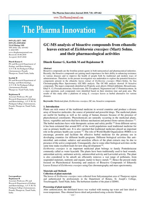 Pdf Gc Ms Analysis Of Bioactive Compounds From Ethanolic Leaves