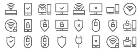 컴퓨터 하드웨어 라인 아이콘입니다 선형 집합입니다 잠금 깨진 보호 보호 잠금 해제 잠겨 와이파이 스마트 폰과 같은 품질 벡터 라인 세트 0명에 대한 스톡 벡터 아트 및 기타
