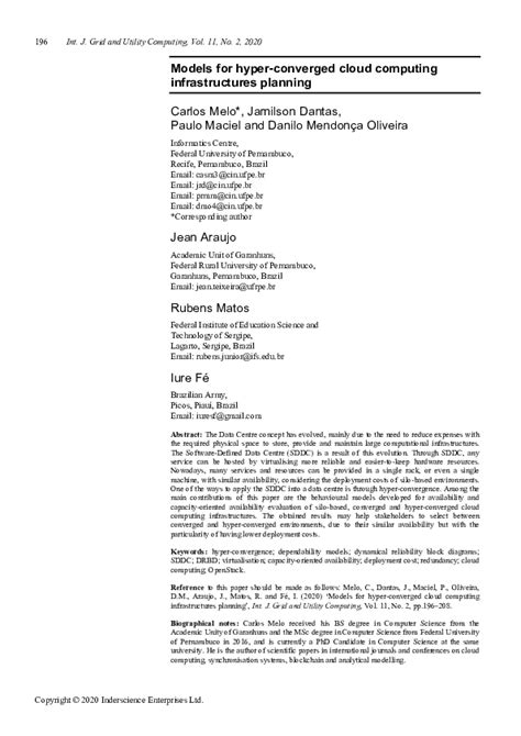 Pdf Models For Hyper Converged Cloud Computing Infrastructures Planning