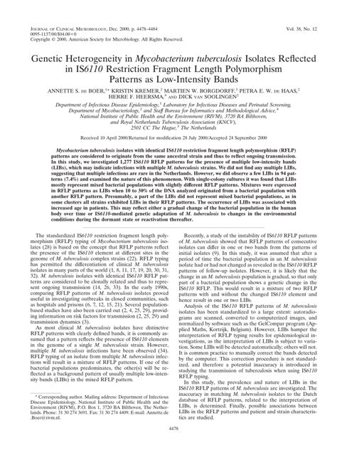 Pdf Genetic Heterogeneity In Mycobacterium Tuberculosis Isolates Reflected In Is6110