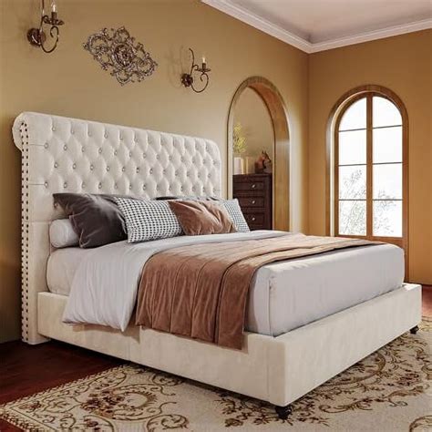 Papajet Velvet Upholstered King Size Sleigh Bed Frame With Tufted
