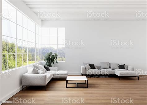 흰색 벽과 회색 소파 3d 렌더링이있는 깨끗한 미니멀리스트 아파트 벽에 대한 스톡 사진 및 기타 이미지 벽 실내 측면 보기 Istock