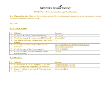 Cyb 210 Network Configuration Scavenger Hunt July 23 2023 Wireless Routing Objective Response