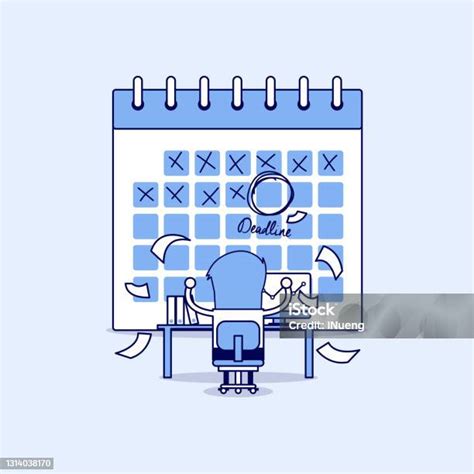 캘린더 마크 마감일로 열심히 일하는 사업가 많은 작업 직장에서스트레스 만화 캐릭터 얇은 선 스타일 벡터 걱정하는에 대한 스톡