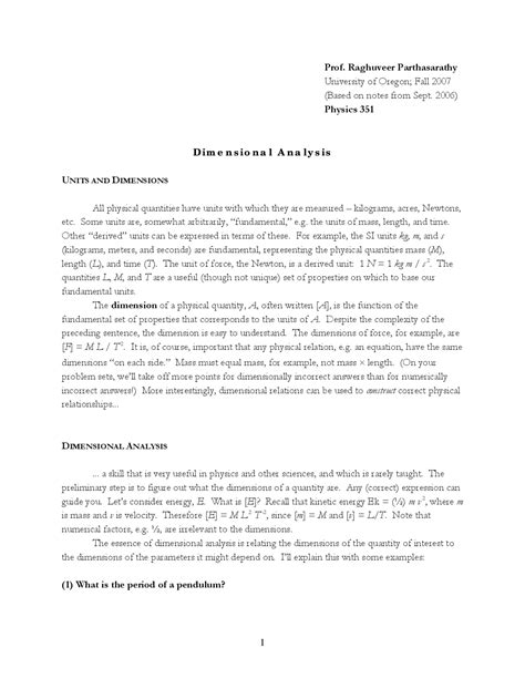 Notes On Dimensional Analysis Foundations Physics Ii Phys 351 Docsity