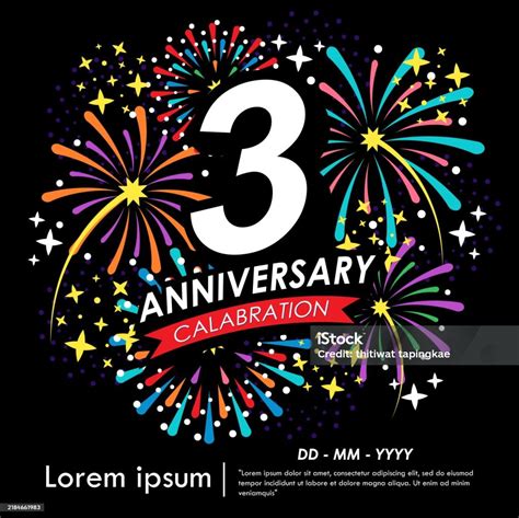 3 주년 기념 엠블럼 기념일 로고는 빨간 리본과 화려한 반짝임 반짝임 불꽃 놀이 배경 와 절연되어 있습니다 웹 전단지 포스터
