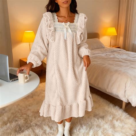 Fdgiu Womens Long Sleeve Flannel Nightgown Knee Length Sleepwear