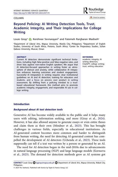 Pdf Beyond Policing Ai Writing Detection Tools Trust Academic