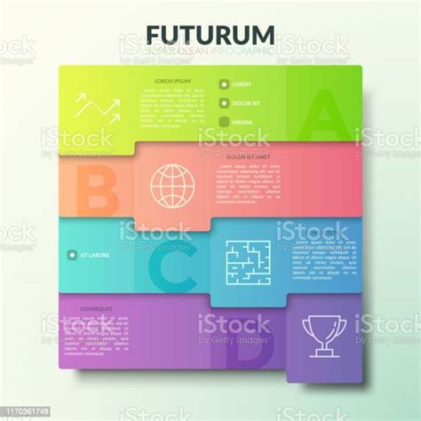 문자 얇은 선 아이콘 및 텍스트에 대한 위치와 네 개의 겹치는 다채로운 직사각형 요소 슈퍼 깨끗한 인포 그래픽 디자인 템플릿 벡터에 대한 스톡 벡터 아트 및 기타 이미지