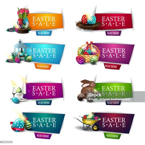 부활절 판매 부활절 기호와 버튼 컬렉션 다채로운 할인 배너 종이 컷 스타일의 흰색 배경에 격리 된 할인 배너 설정 3차원 형태에 대한 스톡 벡터 아트 및 기타 이미지