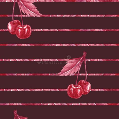 Seamless Pattern Cherry Sprig With Textured Red Lines Cherries