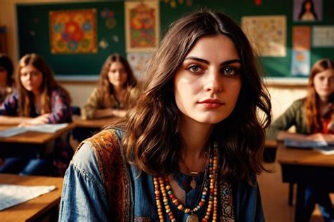 Portrait Of Alternative Hippie Senior Teacher In Front Of Classroom