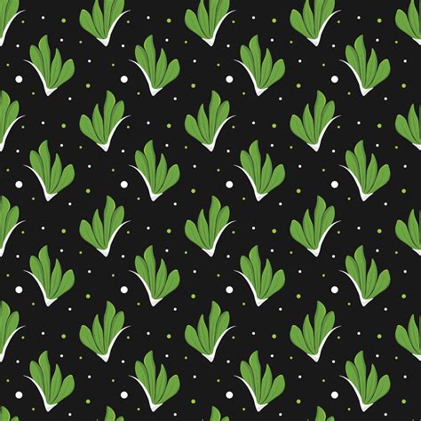 Seamless Pattern With Fresh Green Grass Bunches And Dots On Black