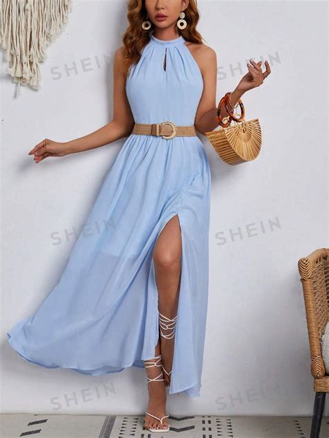 Shein Vcay Ladies Sexy Solid Color Halter Neck Dress With High Slit