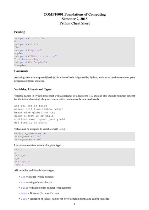Summary Complete Cheat Sheet On Python 3 Foundations Of Computing Semester 2 2015 Python