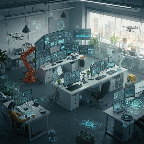 Futuristic Office Filled With Advanced Technology Features Multiple Computer Workstations