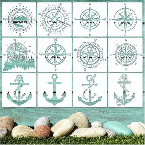 12 Stück Kompass Anker Schablonen Kunststoff Wiederverwendbar Nautische Schablonen Kompass