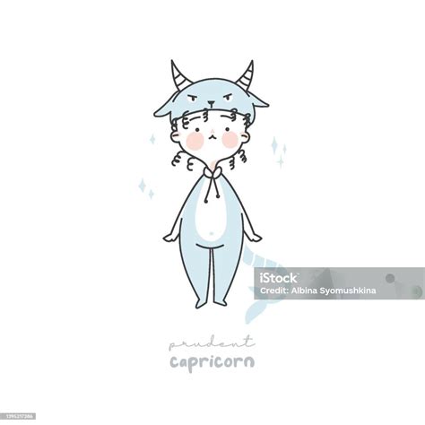 염소 자리 조디악 기호 그림 아이들을위한 점성술 별자리 기호 문자 파스텔 색상의 라인 아트 귀여운 카드 만화 스타일의 벡터