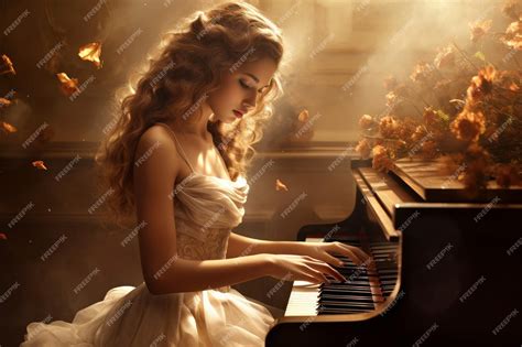 Beautiful Woman Playing Piano At Morning Melody Classical Generate Ai