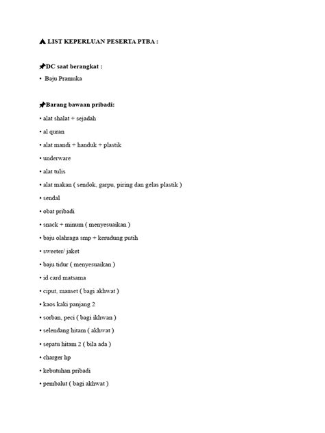 List Keperluan Peserta Ptba 2024 Pdf