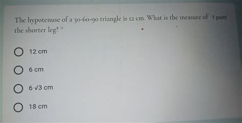 solved the hypotenuse of a 30 60 90 triangle is 12 cm what is the
