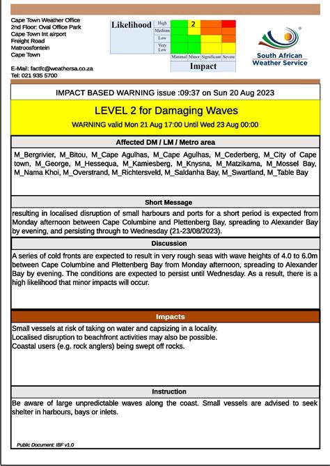 21 August 2023 Impact Based Warnings For Western Cape Level 2 For