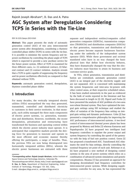 Pdf Agc System After Deregulation Considering Tcps In Series With The Tie Line