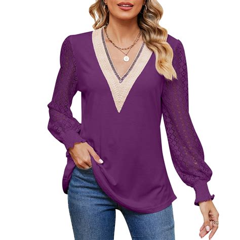 Momofeel Womens Puff Long Sleeve Tunic Tops Lace V Neck Shirts Causal