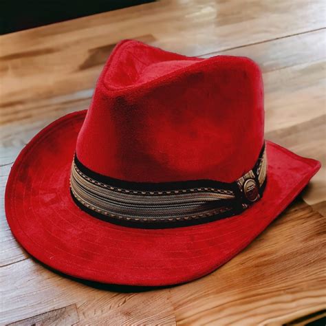 Red Nubuck Cowboy Fedora Hat Unisex Western Style Vintage Hat With