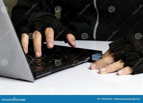 Hacker Using Usb Flash Drive For Theft The Information Stock Image