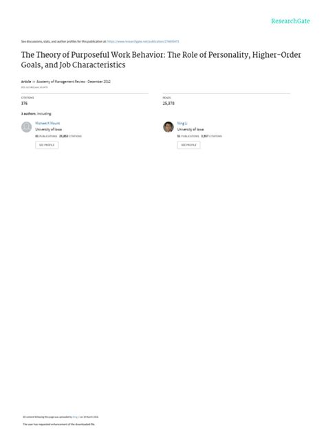 The Theory Of Purposeful Work Behavior The Role Of Personality Pdf