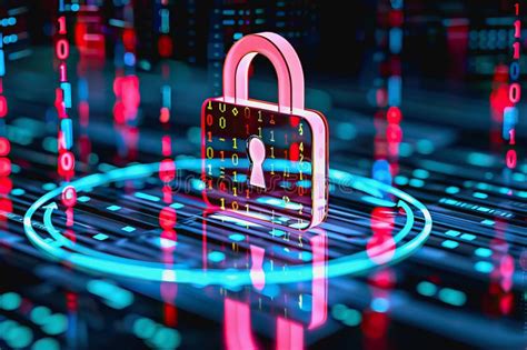 Neon Lit Padlock With Data Lines And Binary Code In Digital Space Stock Image Image Of Glowing