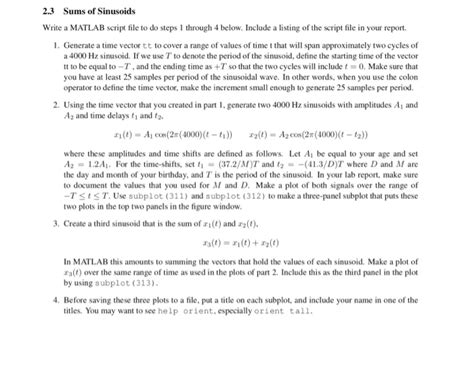 Solved 23 Sums Of Sinusoids Write A Matlab Script File To