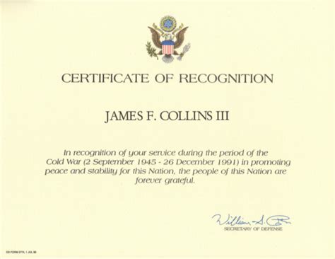 Cold War Recognition Certificate