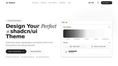 Tweakcn為 Shadcnui 元件量身打造的視覺化主題編輯器和生成器，支援即時預覽和程式碼匯出，使 Tailwind Css 主題客製化變得簡單。 Moge